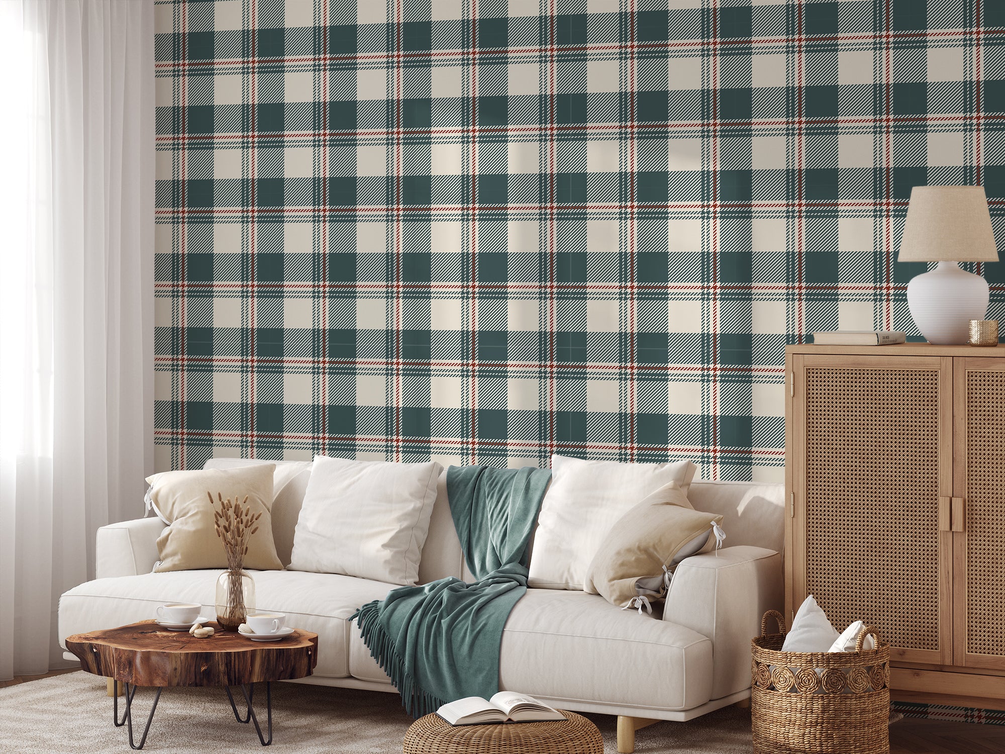 Neutral Blue Buffalo Check Gingham Plaid Fabric Wallpaper | Peel&Paper ...