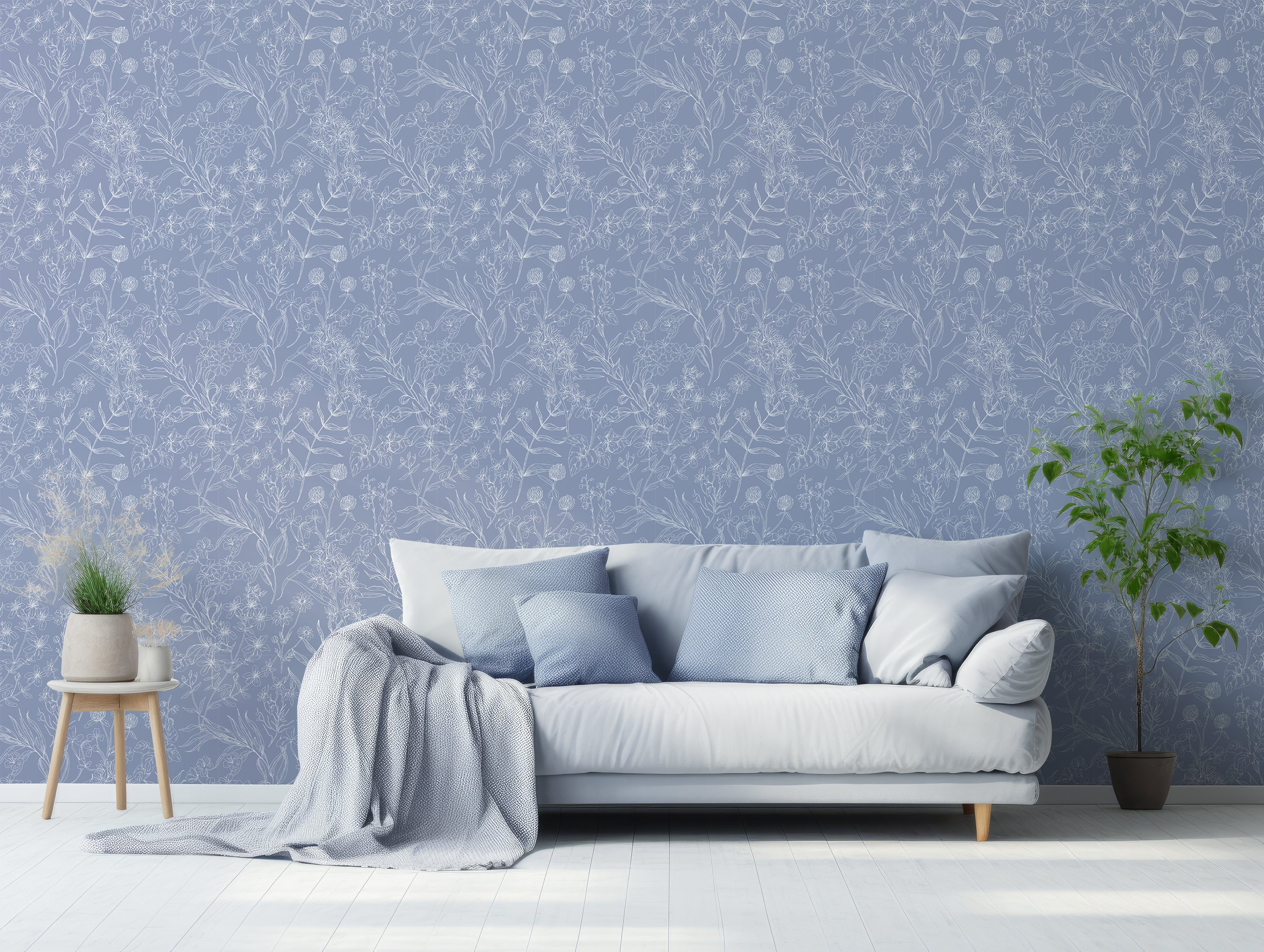 Blue Botanical Plants & Flowers Outlines Wallpaper | Peel&Paper – Peel ...